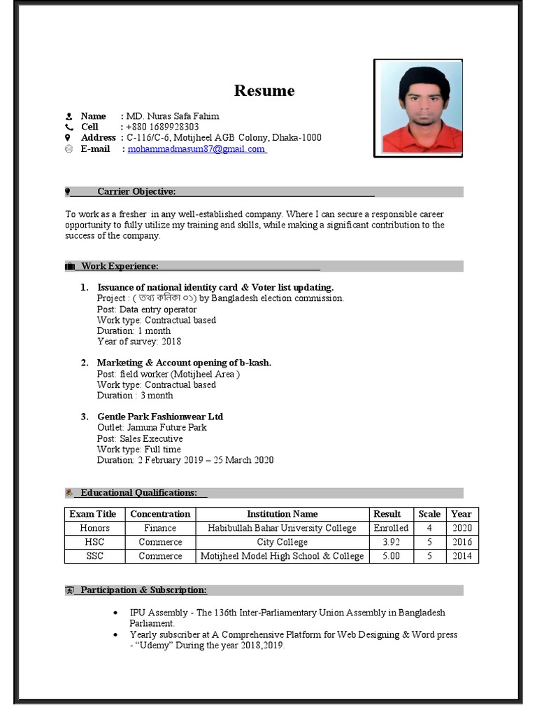Resume of Fahim | PDF | Bangladesh