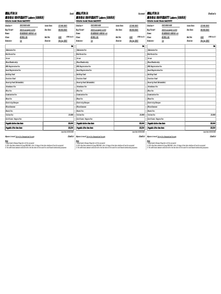 Fee Challan Form | PDF | Fee | Money