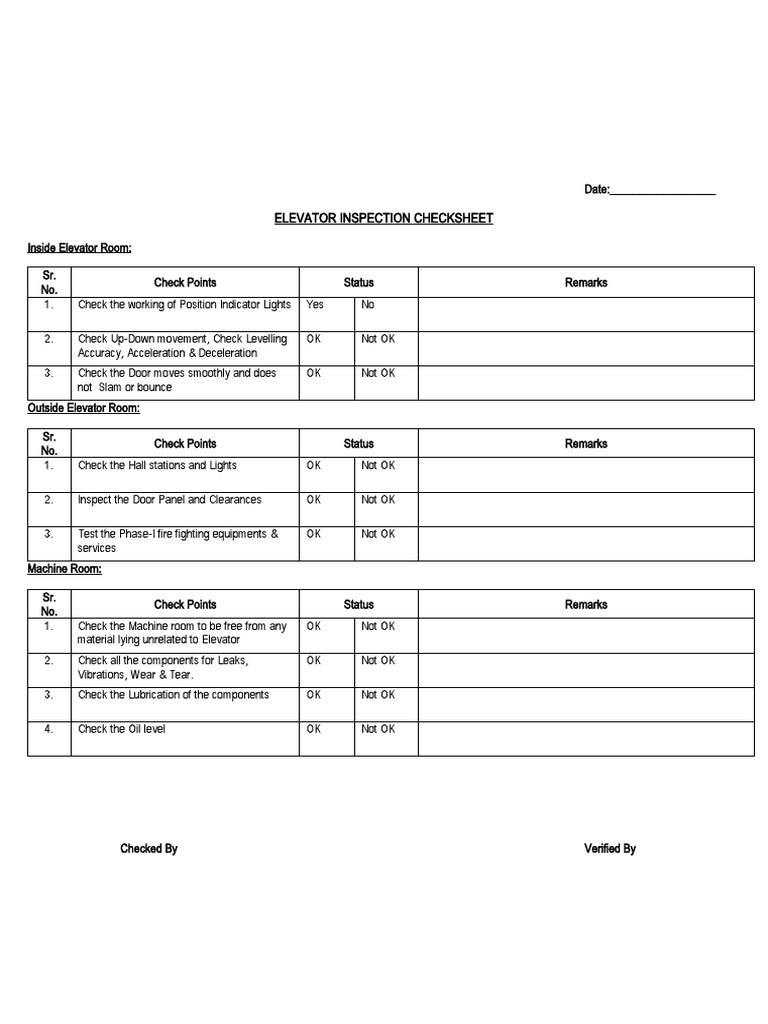 Elevator Inspection Checksheet | PDF | Elevator | Manufactured Goods