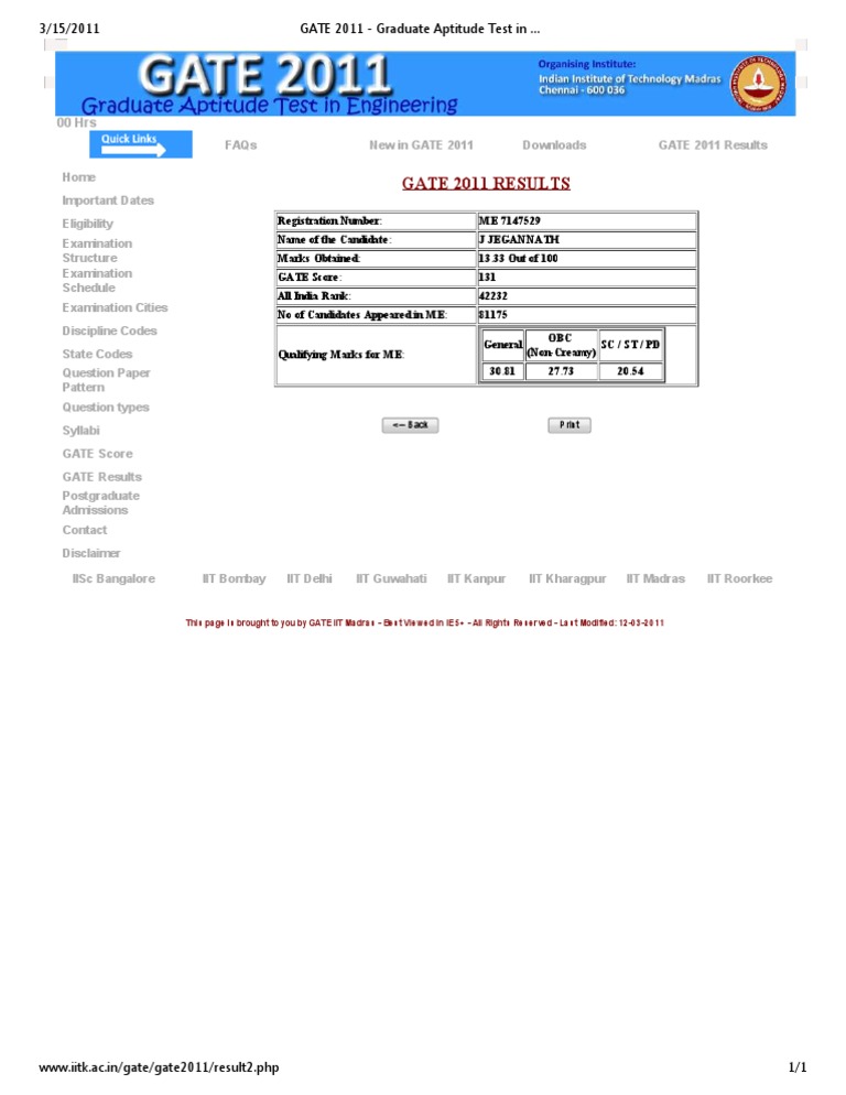 GATE 2011 Results for ME Candidates | PDF | Schools | Educational ...
