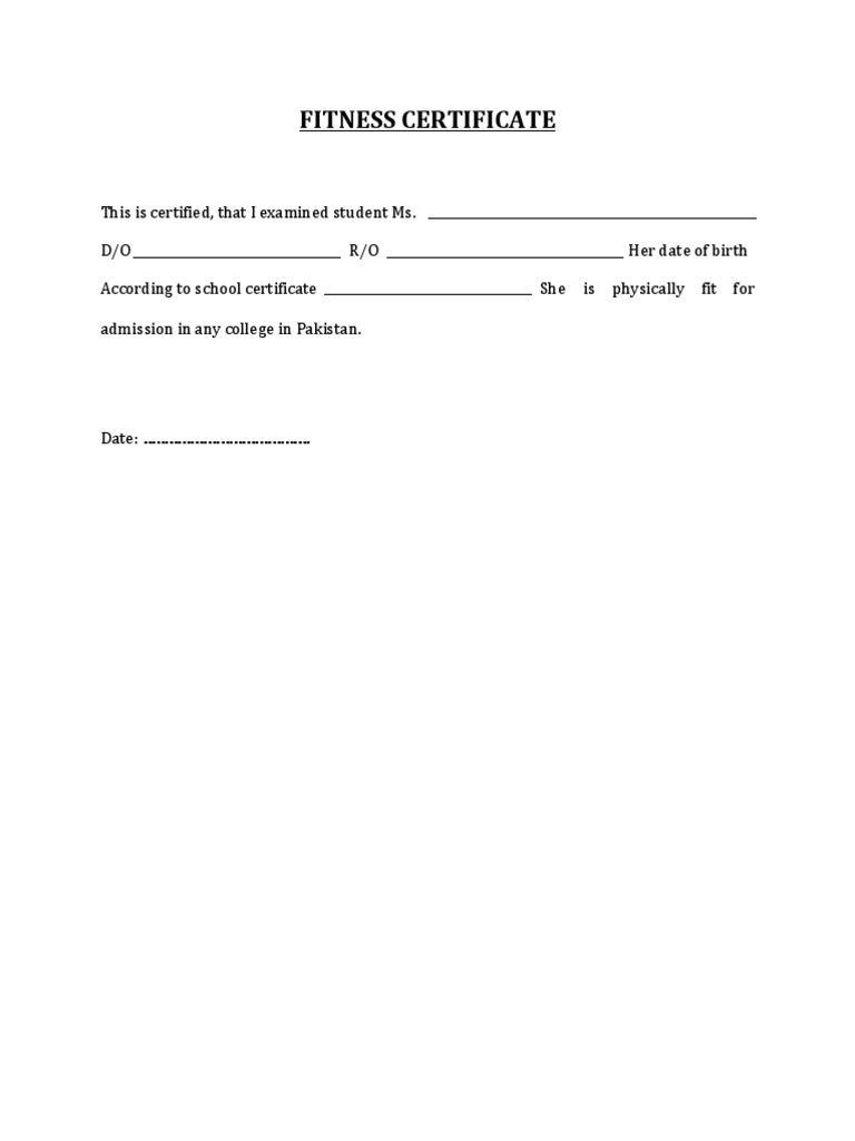 FITNESS CERTIFICATE For College Admission After Fcs | PDF