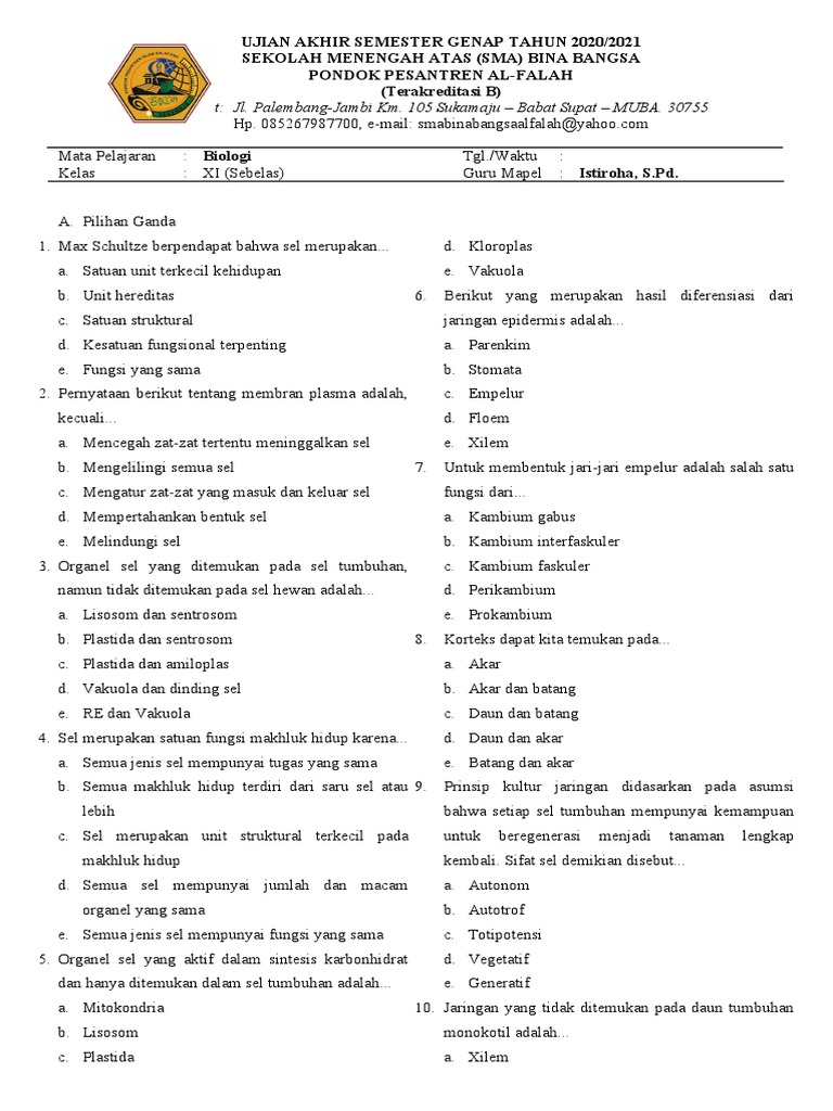 Soal Uas Biologi Kelas XI New | PDF Soal Uas Biologi Kelas XI New | PDF