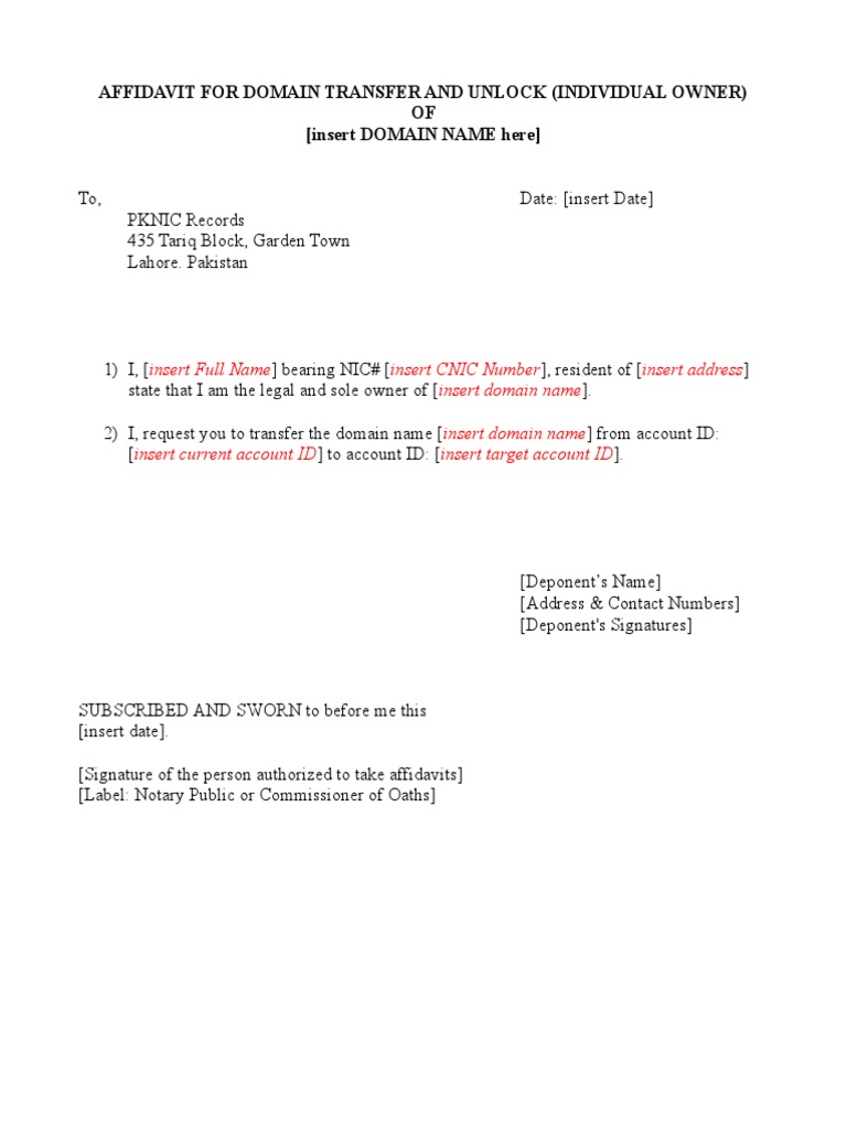 Affidavit For Domain Transfer and Unlock (Individual Owner) OF (Insert ...