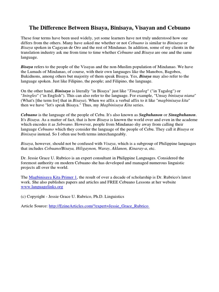 Difference Between Bisaya Binisaya Visayan Cebuano | PDF