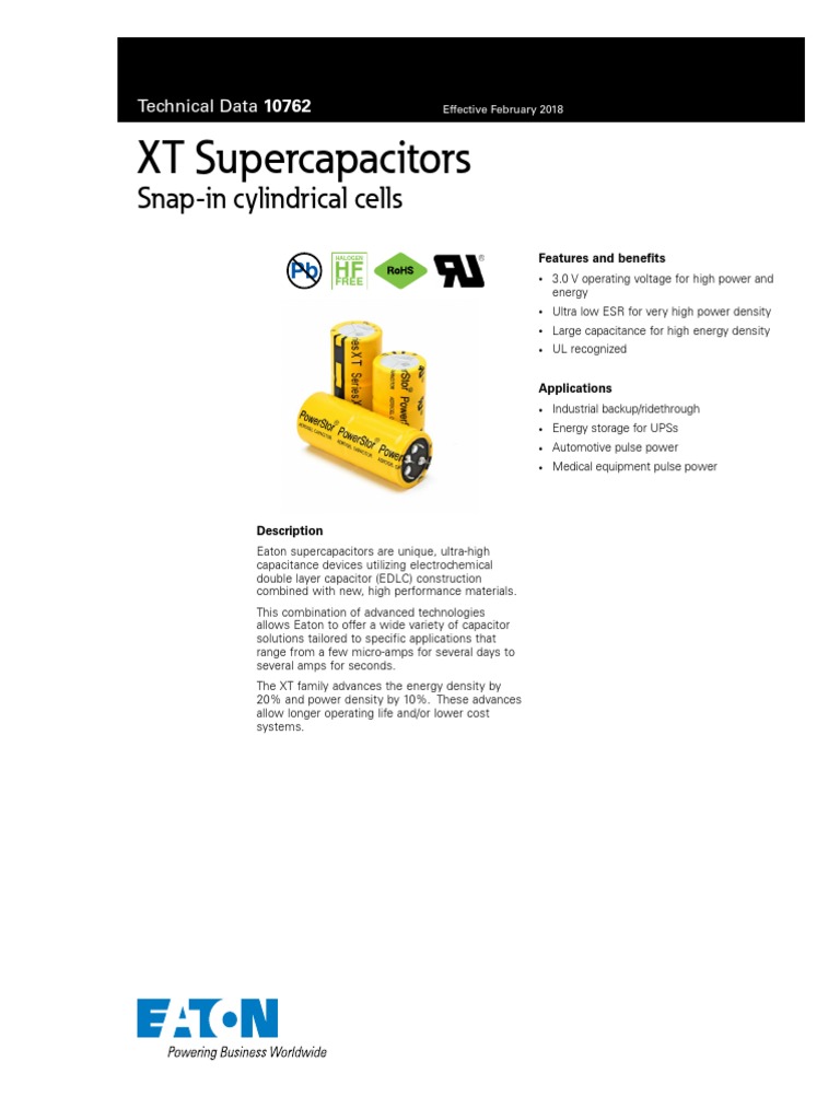 XT Supercapacitors: Snap-In Cylindrical Cells | PDF | Capacitor ...