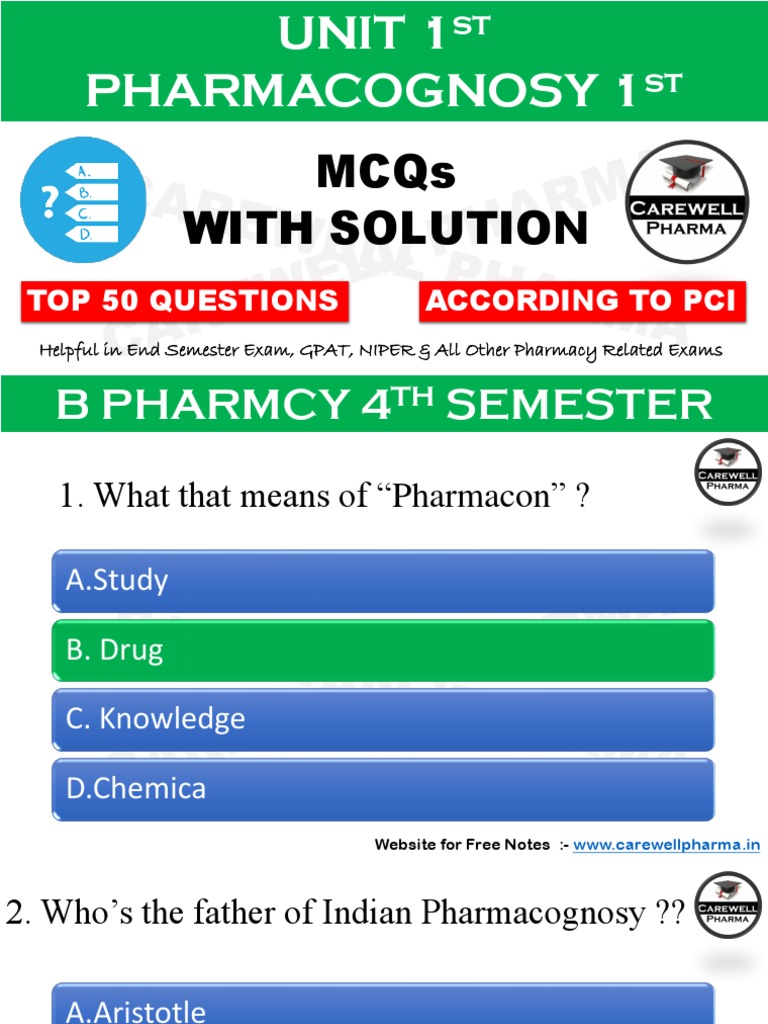 Unit 1 Pharmacognosy 4th Sem Mcqs | PDF | Pharmacognosy | Stoma