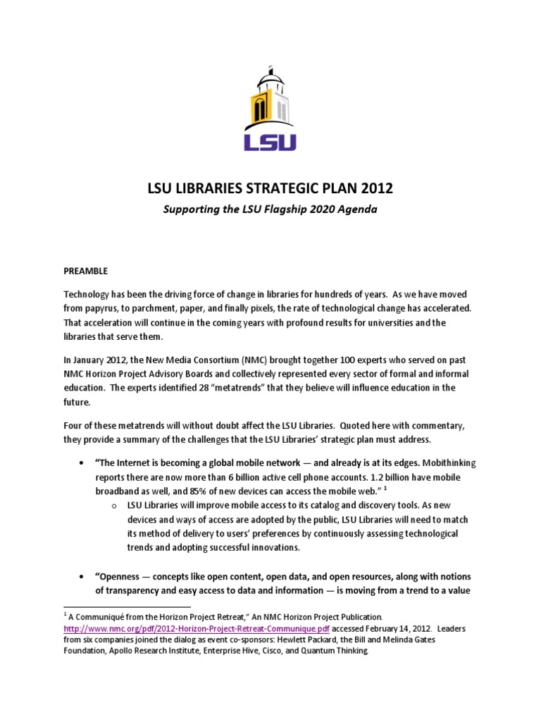 Lsu Libraries Strategic Plan 2020 | PDF | Libraries | Information Literacy