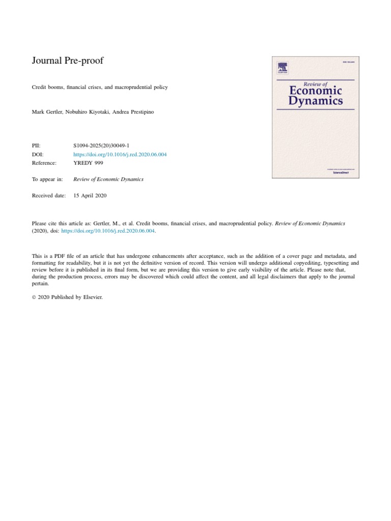 Journal Pre-Proof: Review of Economic Dynamics | PDF | Banks | Business Cycle
