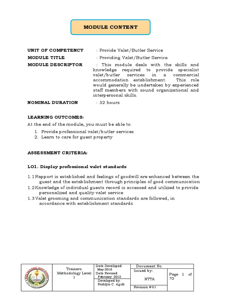 Module Content: Unit of Competency Module Title Module Descriptor | PDF | Hygiene | Etiquette