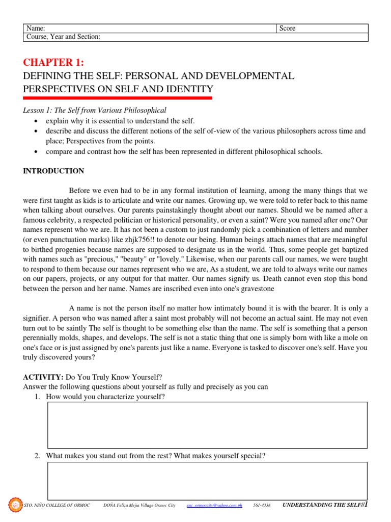 Understanding The Self Module 1 Lesson 1 | PDF | Philosophy Of Self ...