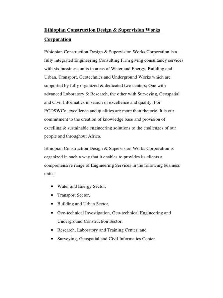 Ethiopian Construction Design and Supervision Works Corporation | PDF ...