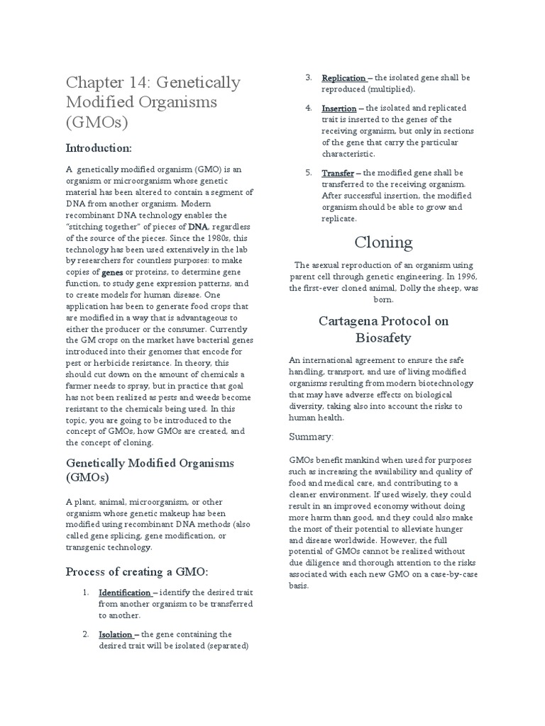 Chapter 14: Genetically Modified Organisms (Gmos) : Cloning | PDF ...