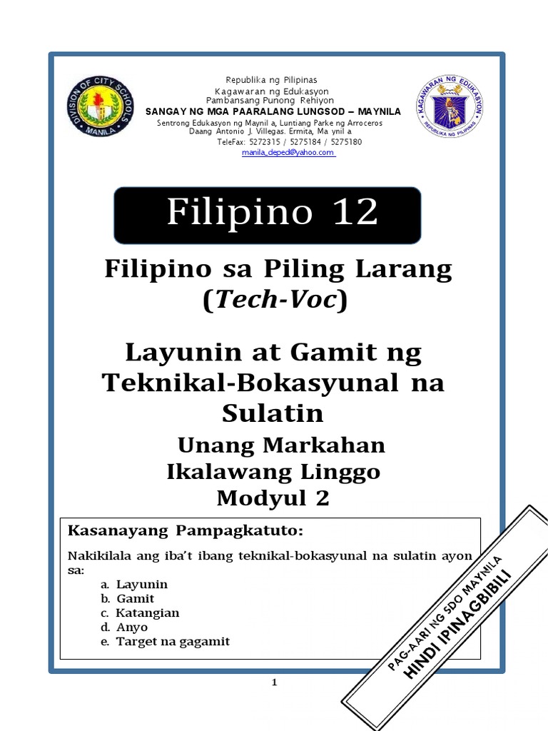 FILIPINO 12 - Q1 - Mod2 - Tech Voc | PDF