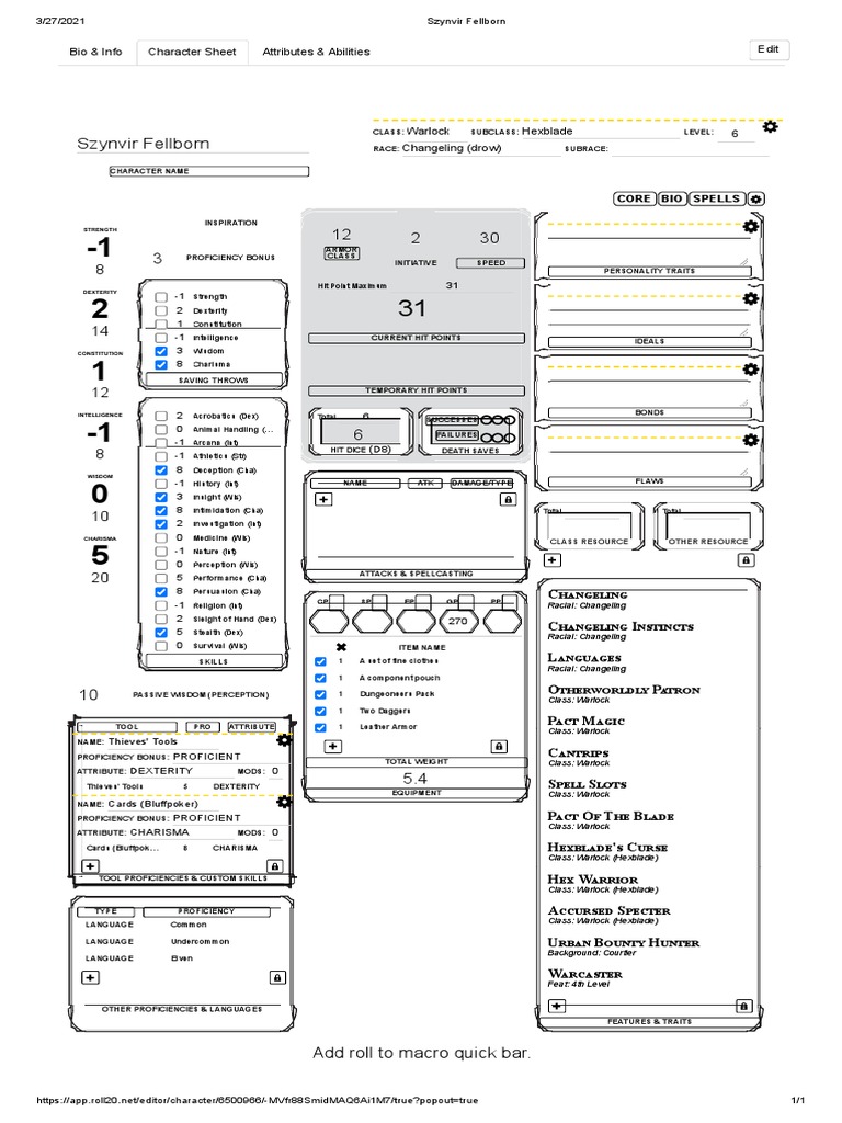 A DND Character Sheet For A Dark-Elf Warlock | PDF | Wizards Of The ...