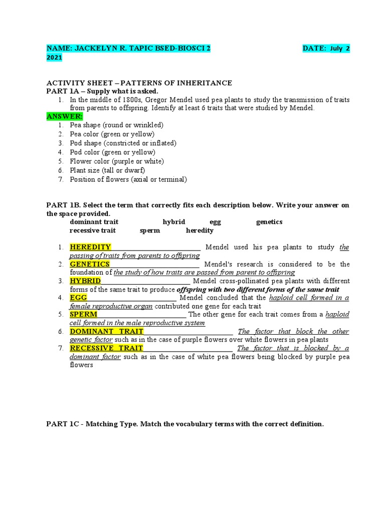 Activity July 2 2021-PATTERNS OF INHERITANCE | PDF | Allele | Dominance ...