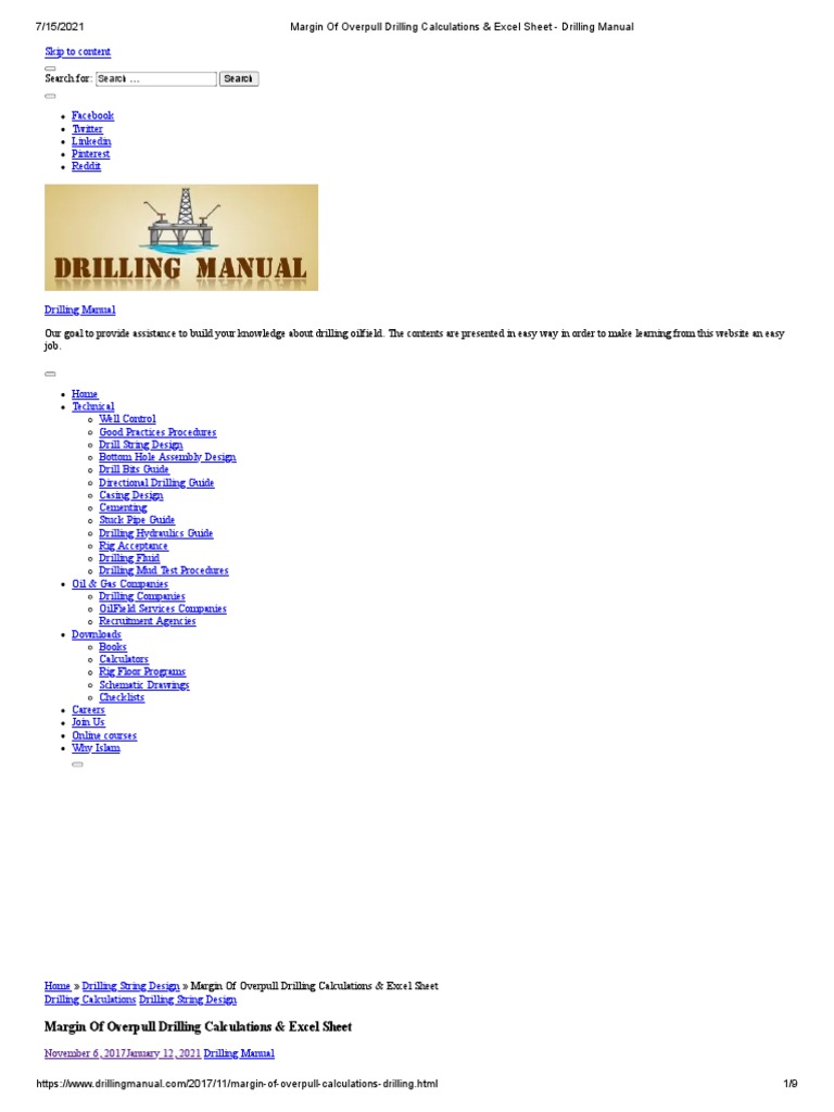 Margin of Overpull Drilling Calculations & Excel Sheet - Drilling ...