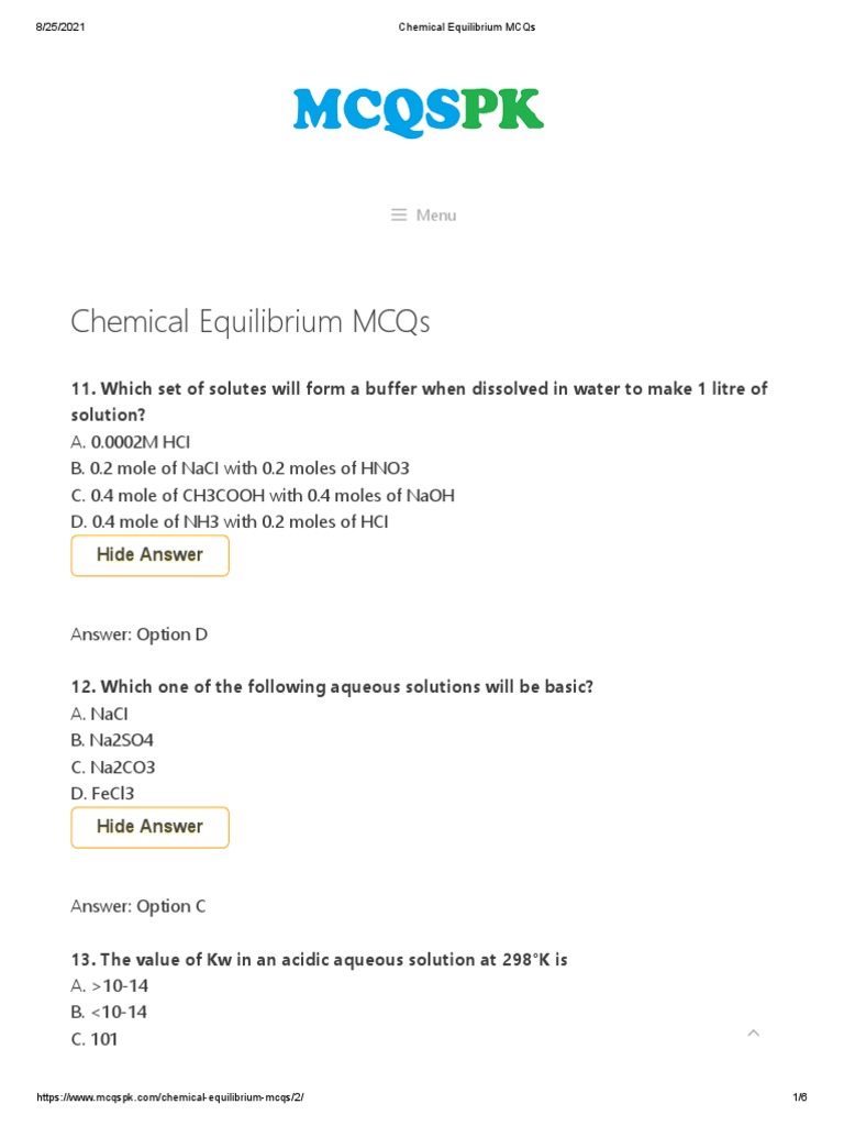 Chemical Equilibrium Mcqs | PDF | Chemical Equilibrium | Chemical Reactions