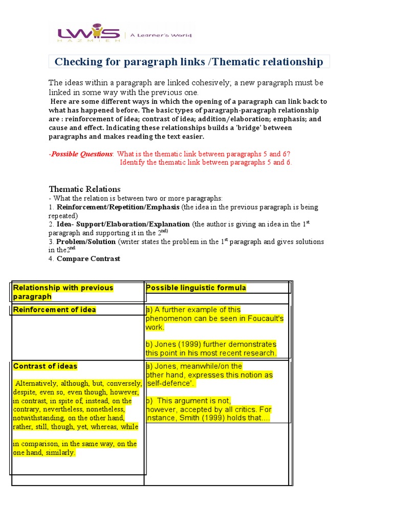 Checking For Paragraph Links /thematic Relationship | PDF | Cognition