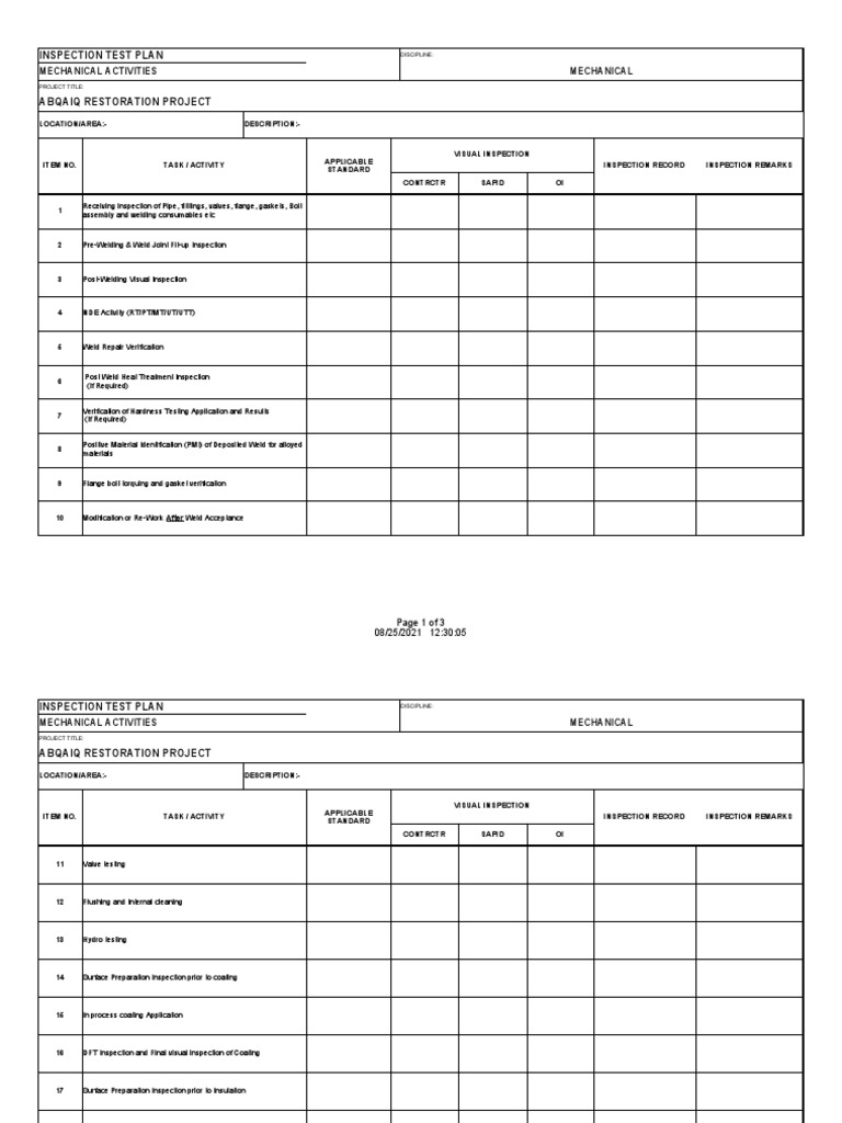 Inspection Test Plan: Mechanical Activities Mechanical | PDF ...