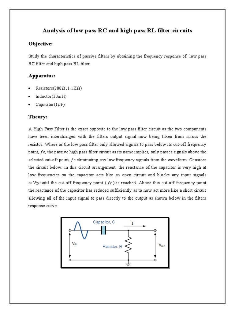 Analysis of Low Pass RC and High Pass RL Filter Circuits: Objective | PDF | Electronic Filter ...