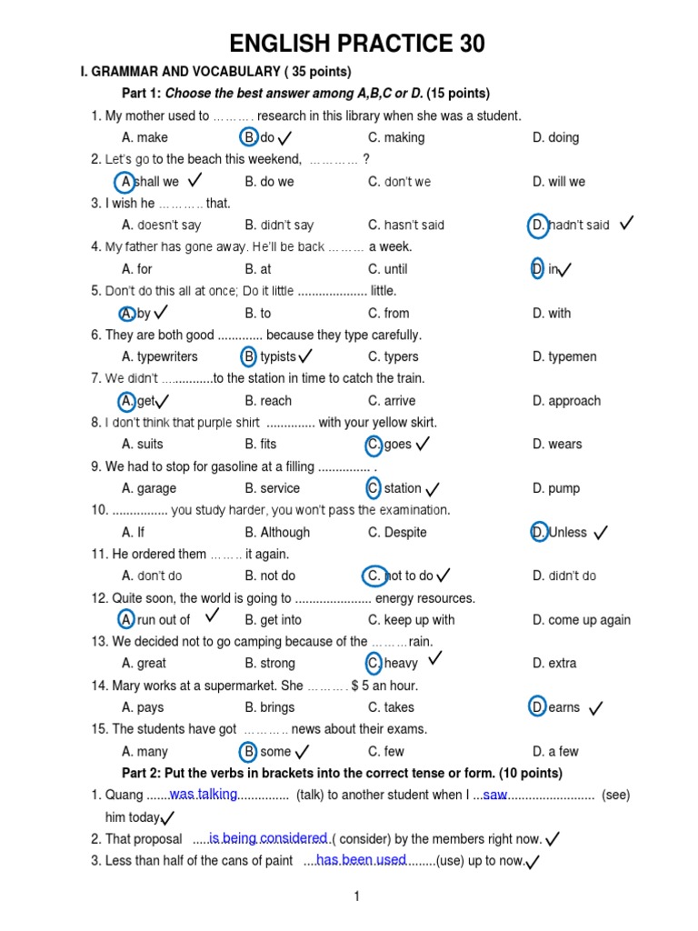 English Practice 30: I. Grammar and Vocabulary (35 Points) Part 1 ...