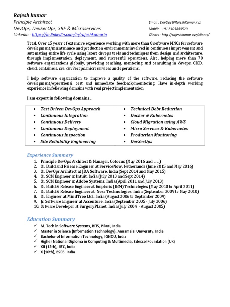 Career Summary: Rajesh Kumar Principle Architect Devops, Devsecops, Sre & Microservices | PDF ...