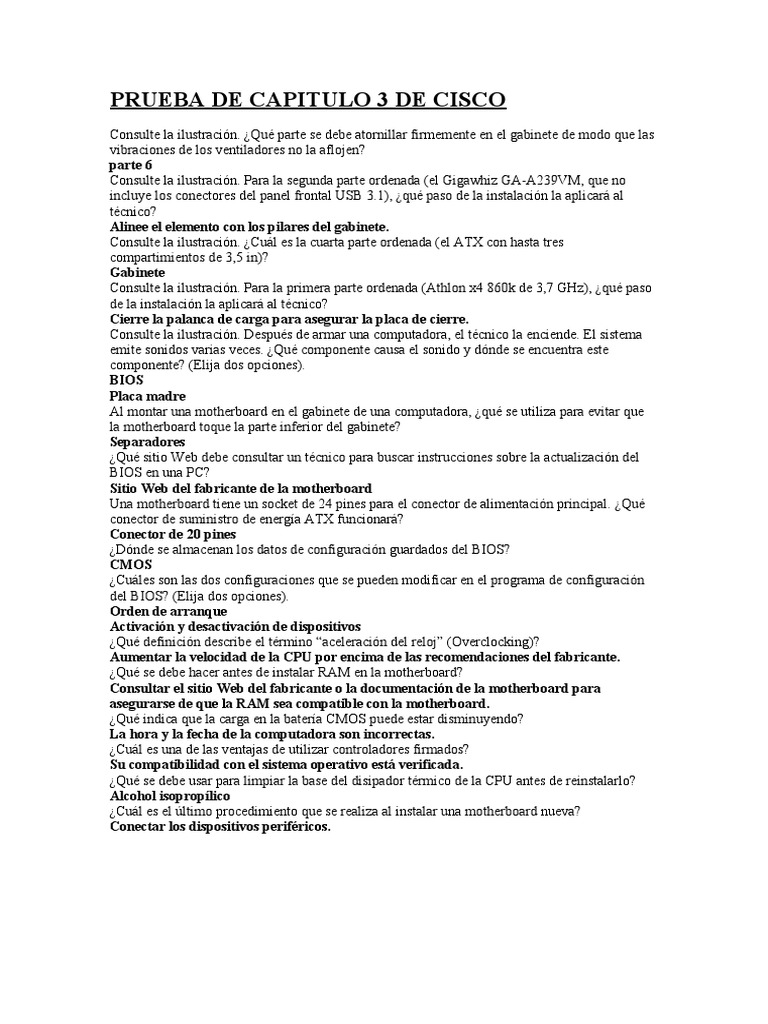 Prueba de Capitulo 3 de Cisco | PDF | Bios | Electrónica
