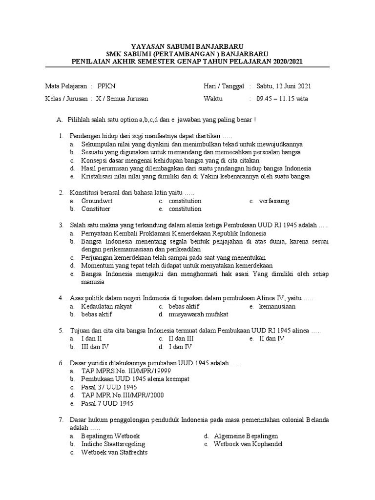 Soal Pas PKN Kelas X | PDF