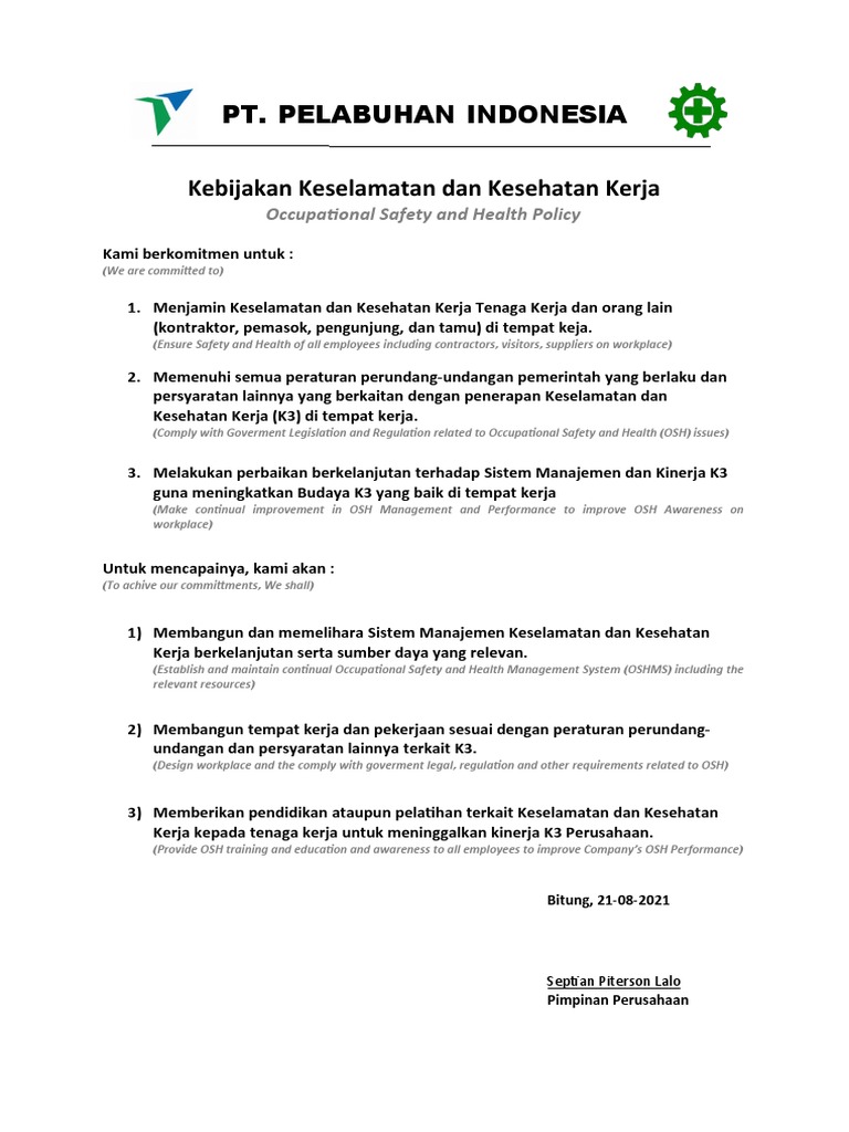 Contoh Kebijakan K3 Dan P2k3 | PDF