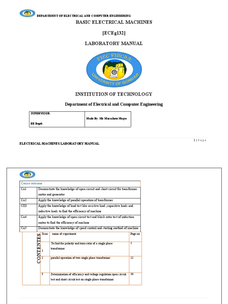 Basic Electrical Machines (Eceg132) Laboratory Manual: Department of ...