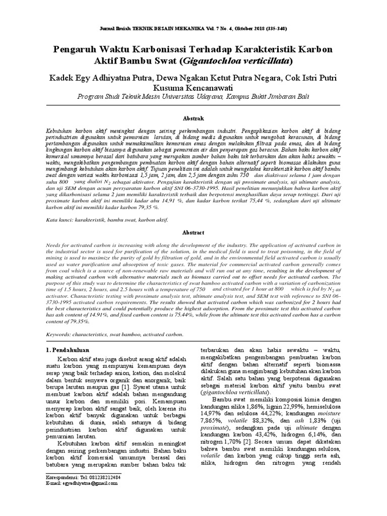 Pengaruh Waktu Karbonisasi Terhadap Karakteristik Karbon Aktif Bambu Swat (Gigantochloa ...