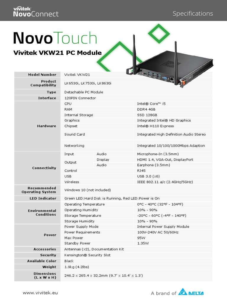 Vivitek VKW21 PC Module: Specifications | PDF | Personal Computers | Usb