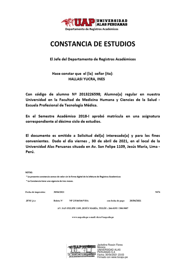 Constancia de Estudios de Uap | PDF