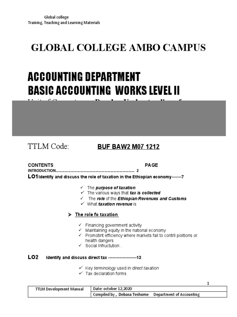 Accounting Department Basic Accounting Works Level Ii: Global College ...