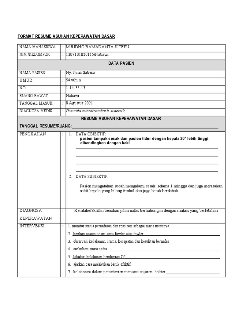 FORMAT RESUME ASUHAN KEPERAWATAN DASAR Ridho | PDF