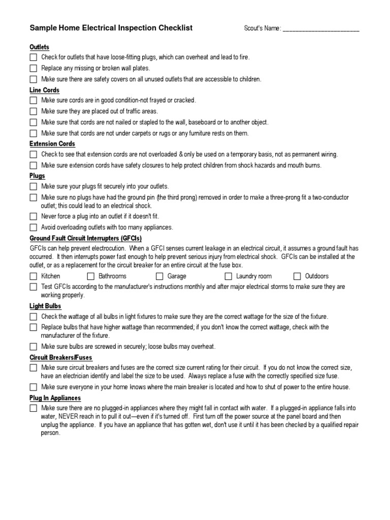 Sample Home Electrical Inspection Checklist: Outlets | Download Free ...