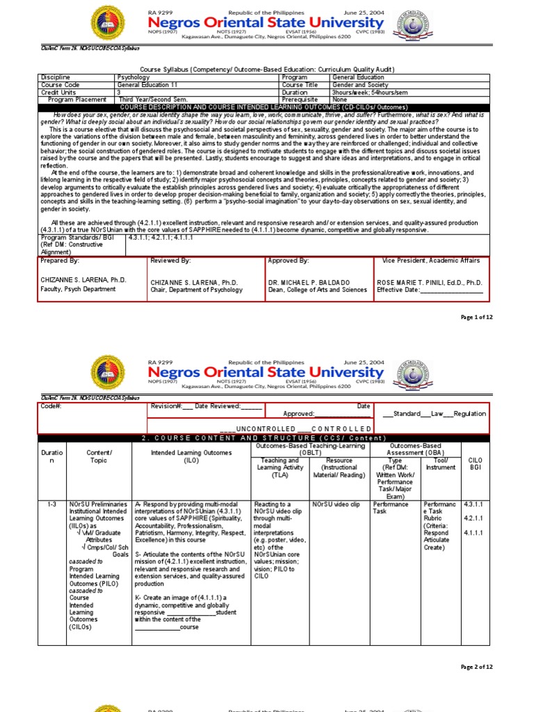 Syllabus Ge 11 Gender And Society Pdf Gender Studies Gender