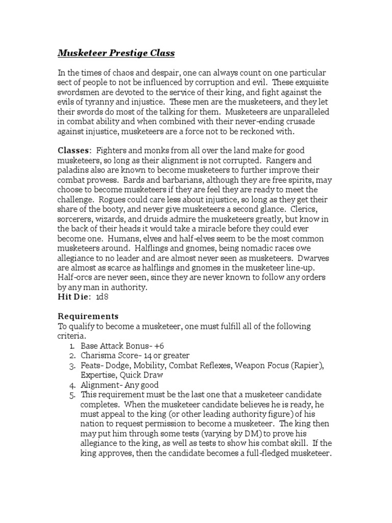 Musketeer Prestige Class: Classes: Fighters and Monks From All Over The Land Make For Good | PDF ...