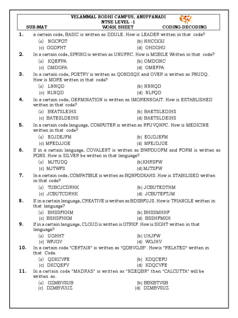 MAT WORKSEET Coding and Decoding | PDF | Linguistics | Human Communication