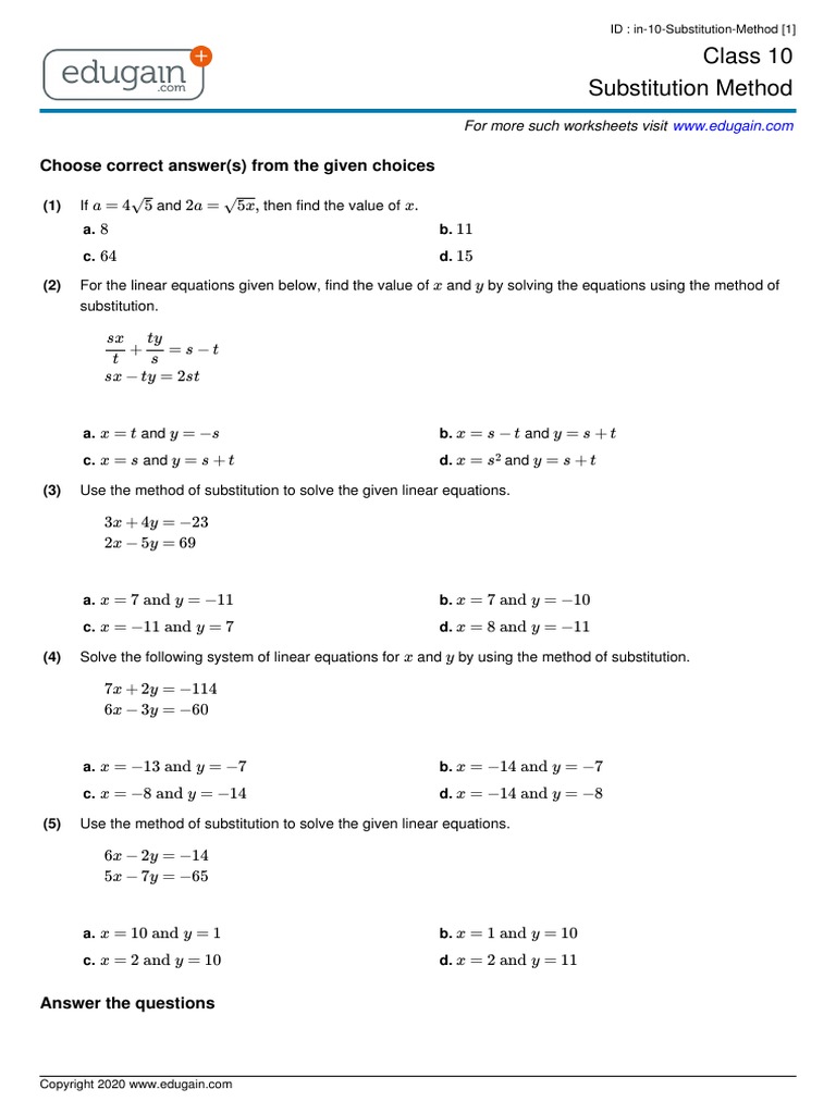 Class 10 Substitution Method: Choose Correct Answer(s) From The Given ...