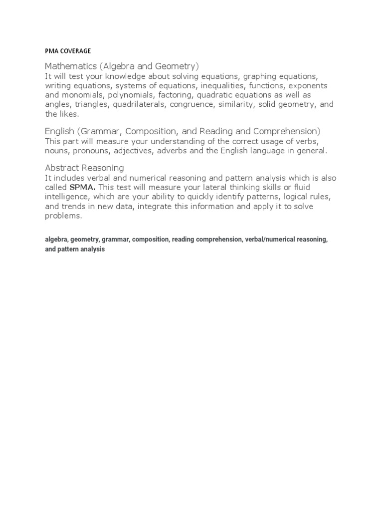 Mathematics (Algebra and Geometry) : Pma Coverage | PDF