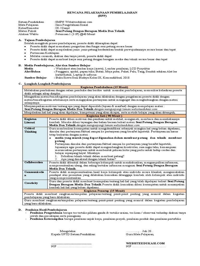 RPP 1 Lembar Seni Budaya Kelas 9 Seni Rupa | PDF