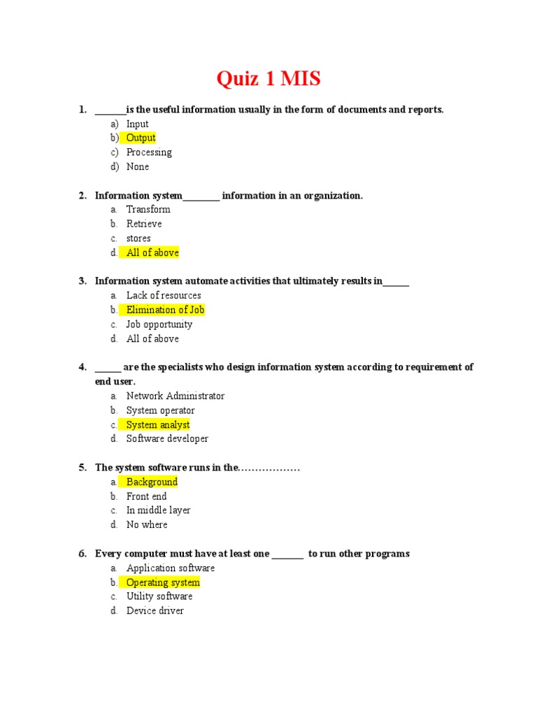 MIS-Quiz 1 | PDF | Database Transaction | Software