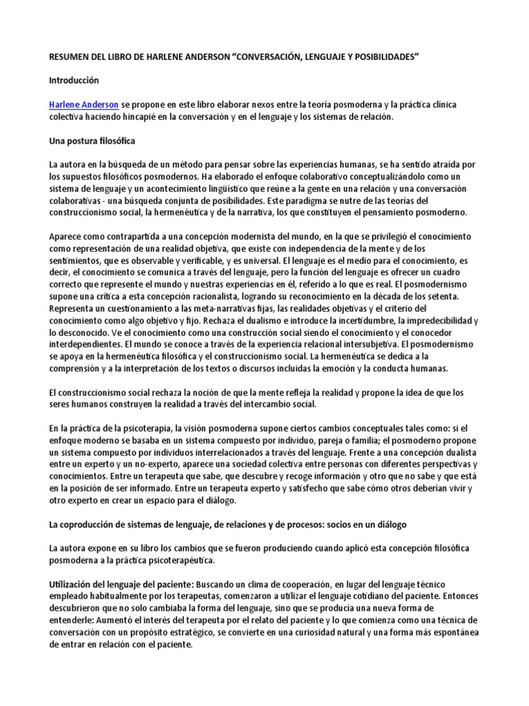 Resumen Del Libro de Harlene Anderson | PDF | Conocimiento | Realidad