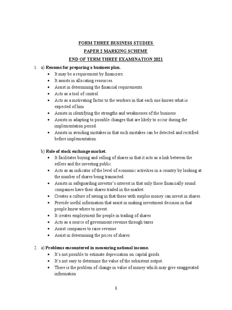 Form Three Business Studies Paper 2 Marking Scheme End of Term Three ...