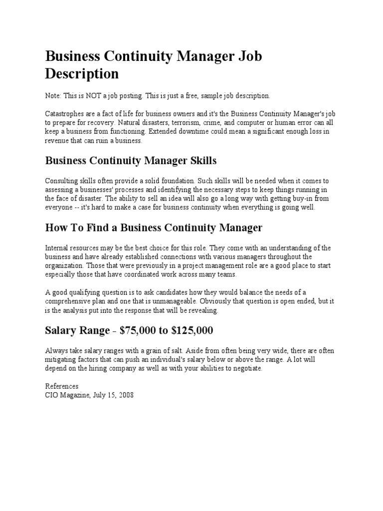 Business Continuity Manager Job Description | PDF | Business