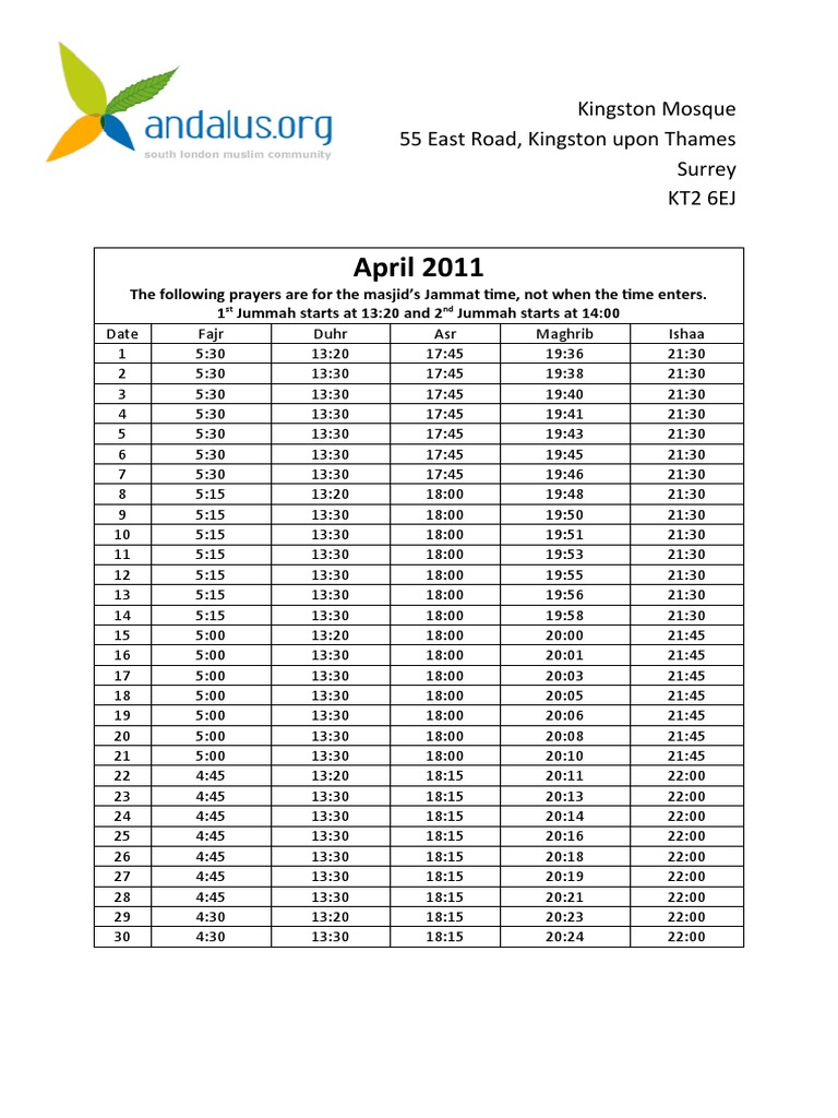 Kingston Mosque Prayer Timetable | PDF | Prayer | Islamic Fundamentalism