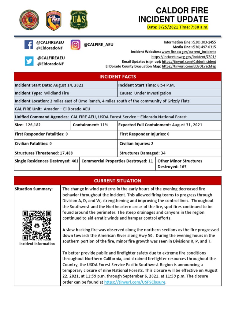 Caldor Fire 7 A.M. Update Aug. 25, 2021 | PDF | Wildfire | Fires