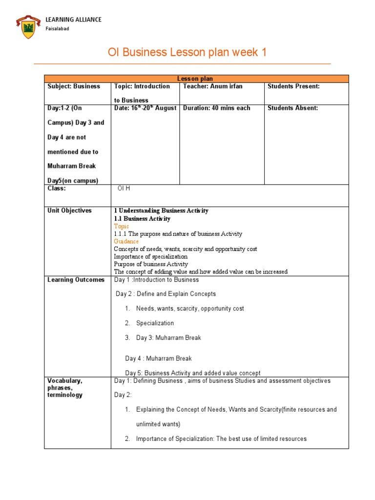 OI Business Lesson Plan Week 1 | PDF | Learning | Lesson Plan