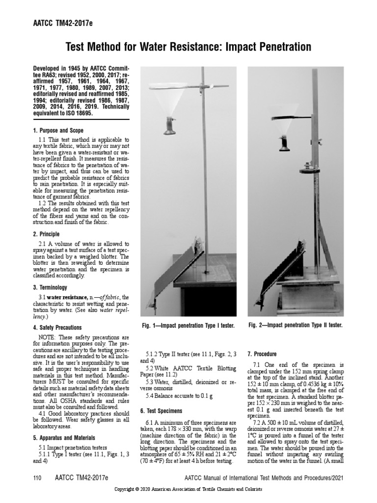 Test Method For Water Resistance: Impact Penetration: AATCC TM42-2017e ...